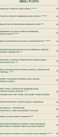 Reign & Pour Restaurant and Bar Auckland - Dinner Menu