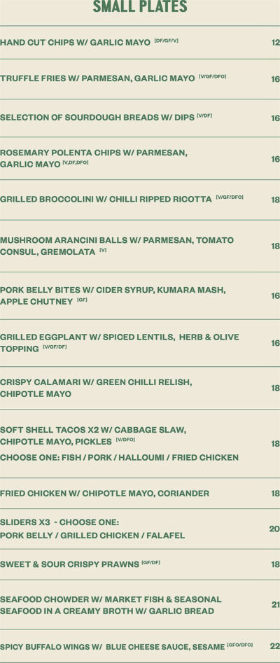 Reign & Pour Restaurant and Bar Auckland - Dinner Menu