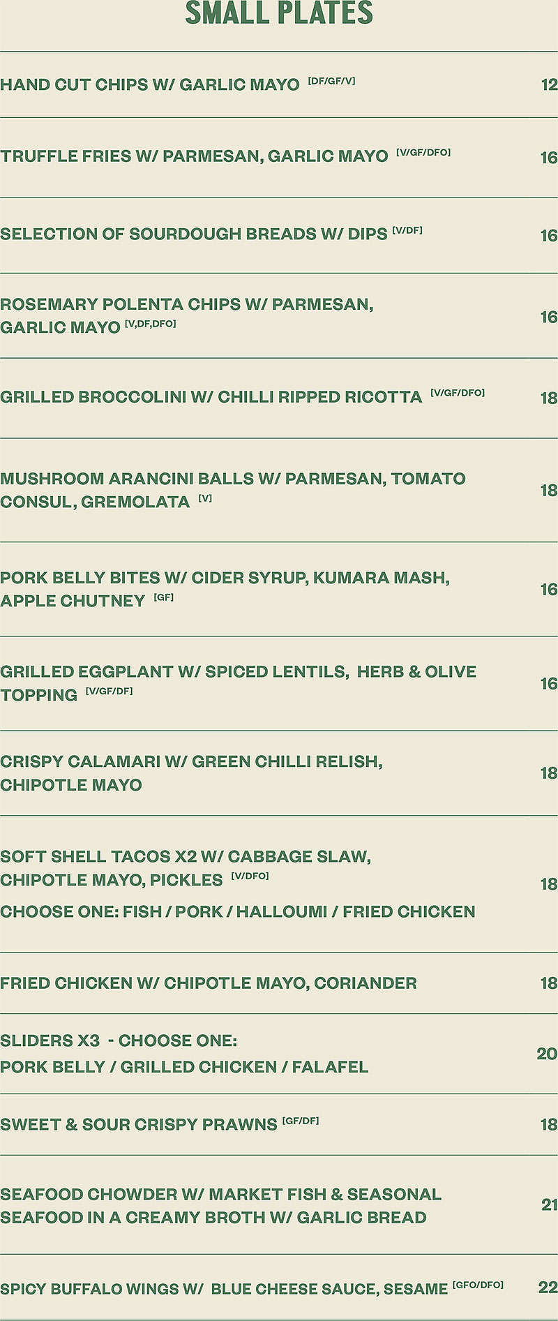 Reign & Pour Restaurant and Bar Auckland - Dinner Menu