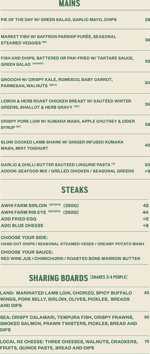 Reign & Pour Restaurant and Bar Auckland - Dinner Menu