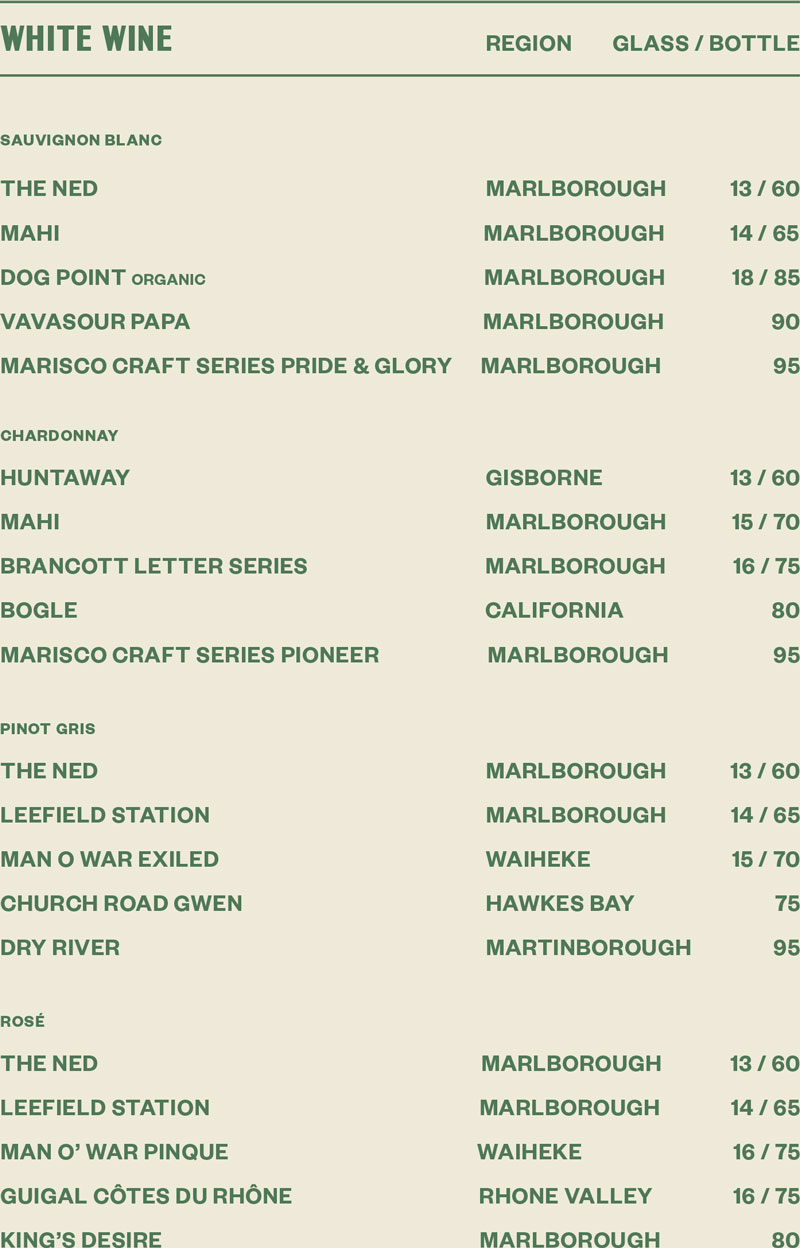 Reign & Pour Restaurant and Bar Auckland - Drinks Menu