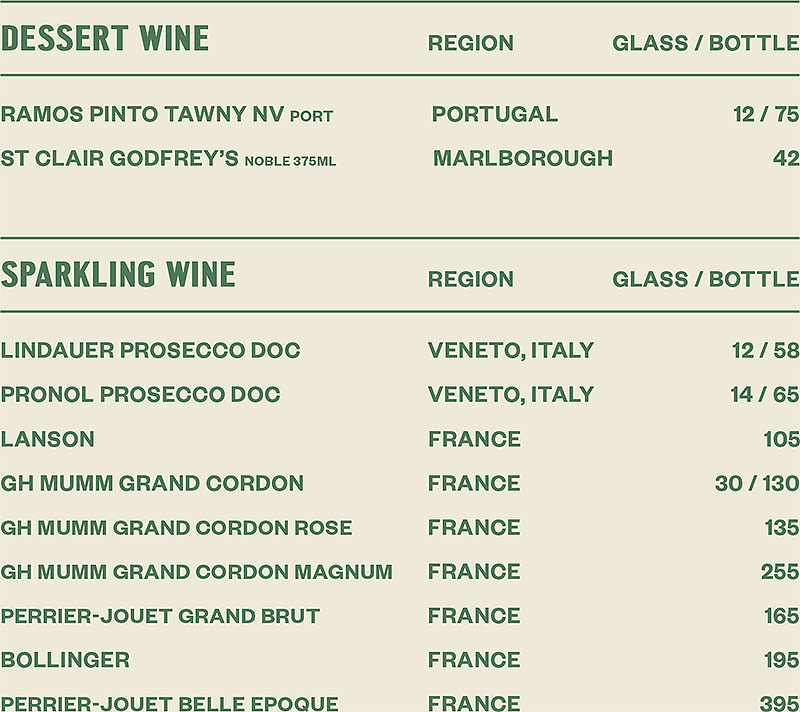 Reign & Pour Restaurant and Bar Auckland - Drinks Menu