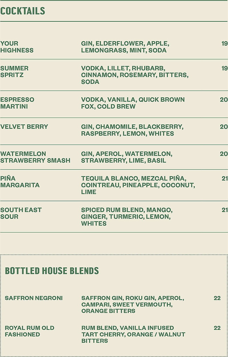 Reign & Pour Restaurant and Bar Auckland - Drinks Menu