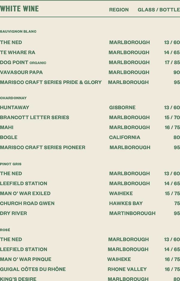 Reign & Pour Restaurant and Bar Auckland - Drinks Menu