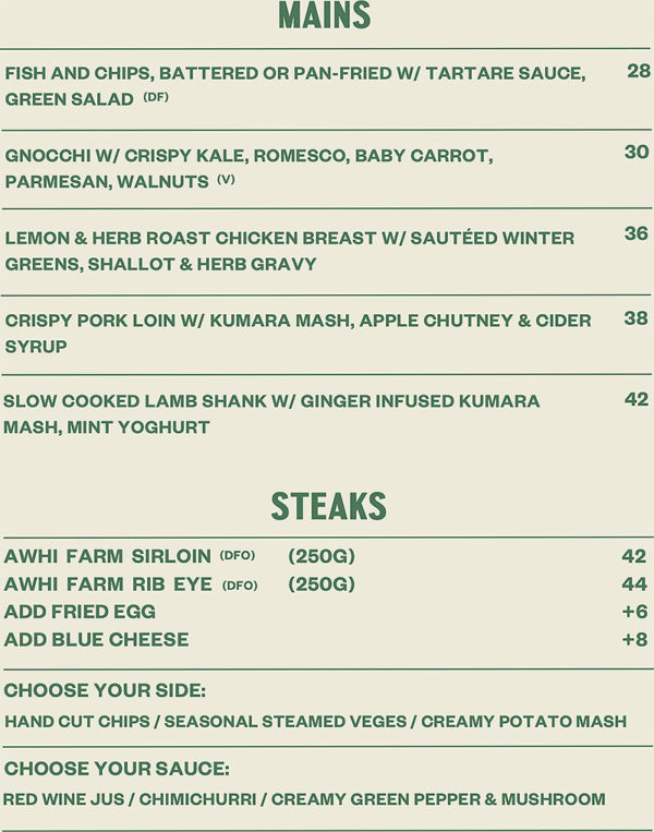 Reign & Pour Restaurant and Bar Auckland - Dinner Menu