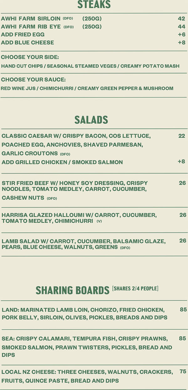 Reign & Pour Restaurant and Bar Auckland - Dinner Menu