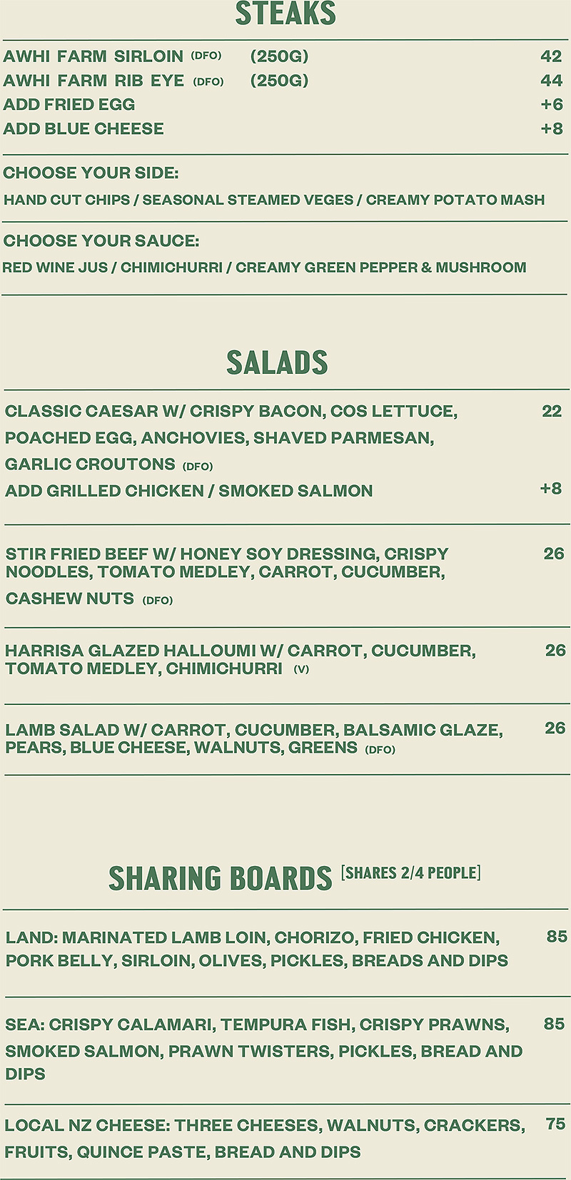 Reign & Pour Restaurant and Bar Auckland - Dinner Menu