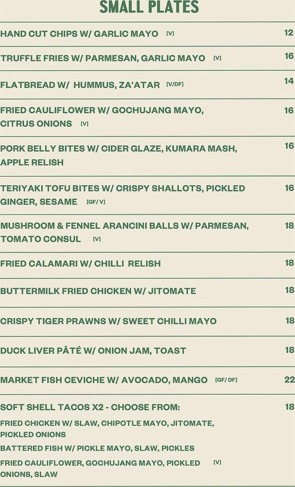 Reign & Pour Restaurant and Bar Auckland - Dinner Menu