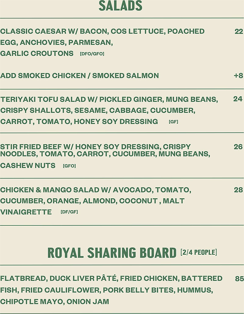 Reign & Pour Restaurant and Bar Auckland - Dinner Menu