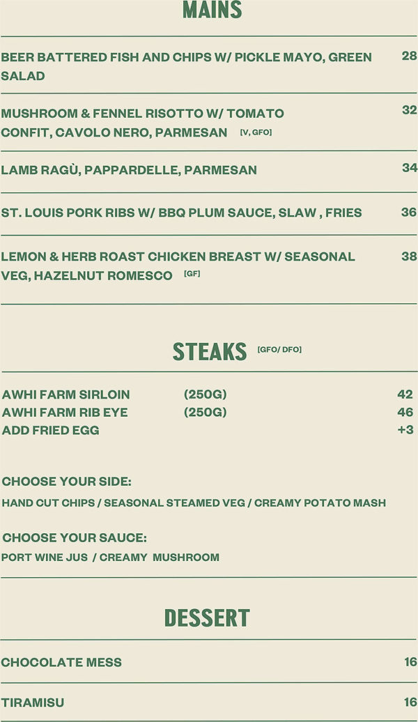 Reign & Pour Restaurant and Bar Auckland - Dinner Menu