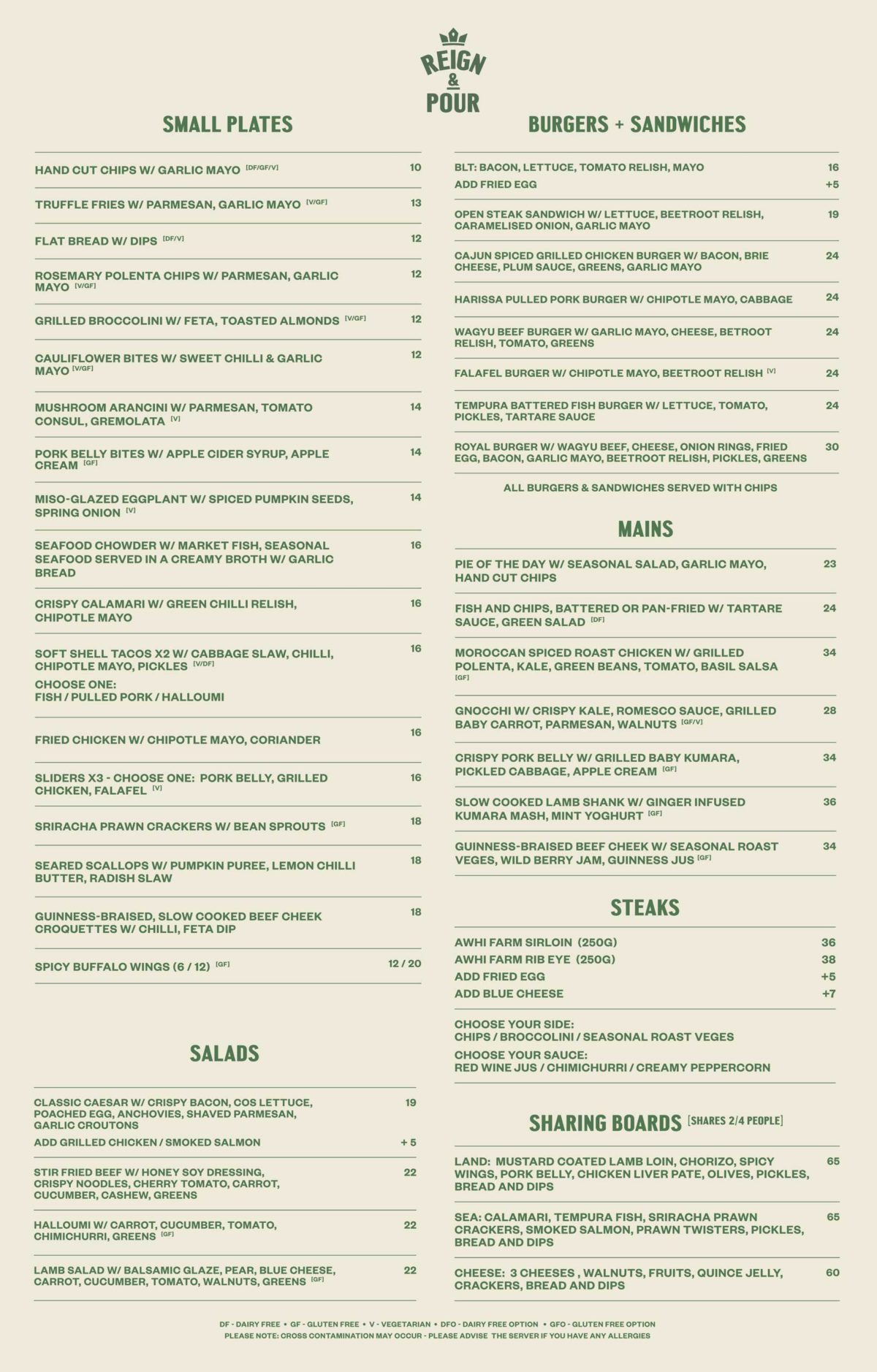 Reign & Pour Restaurant and Bar Auckland - Dinner Menu