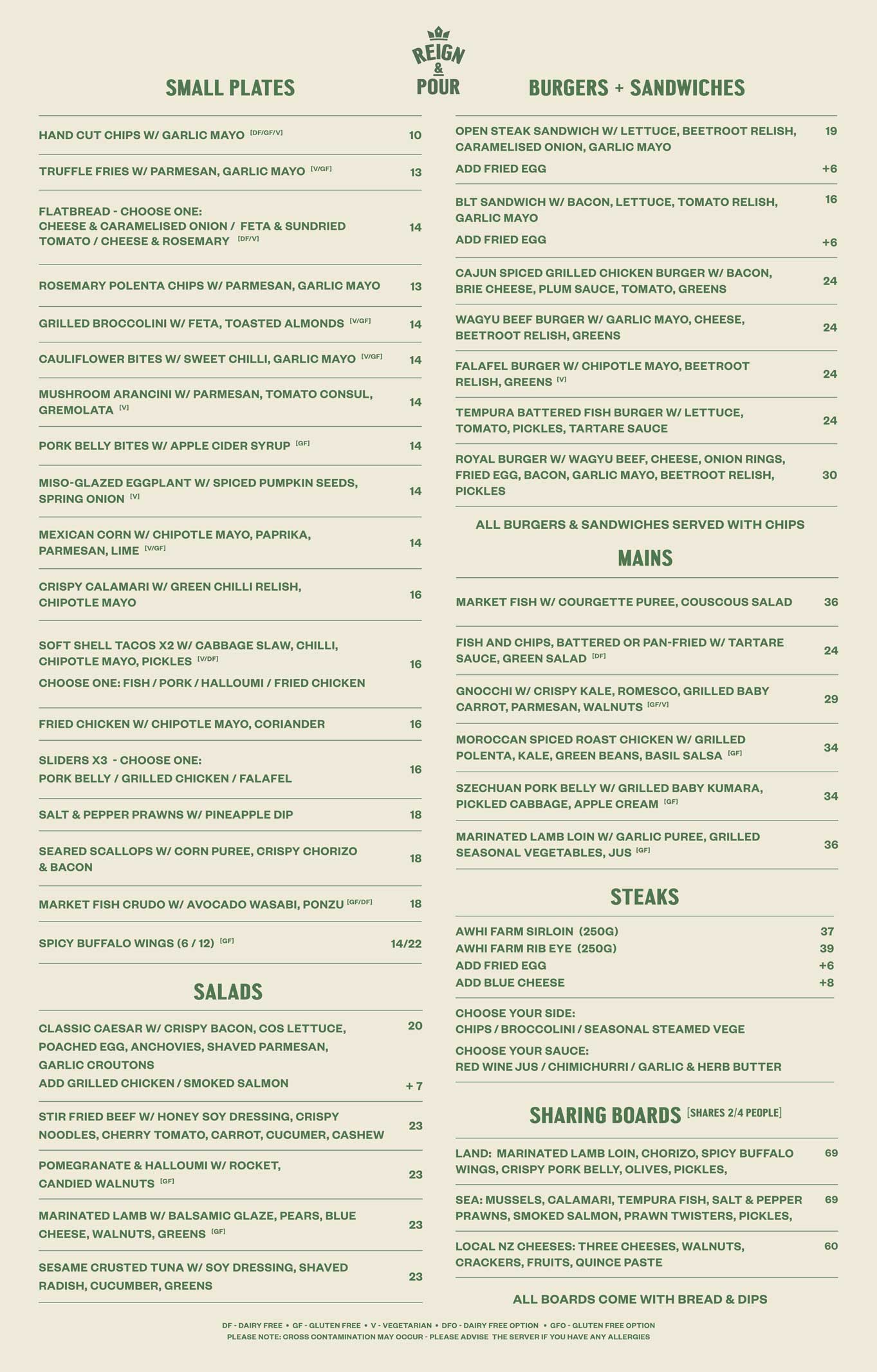 Reign & Pour Restaurant and Bar Auckland - Dinner Menu