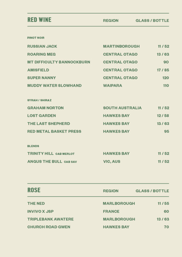 Reign & Pour Restaurant and Bar Auckland - Drinks Menu