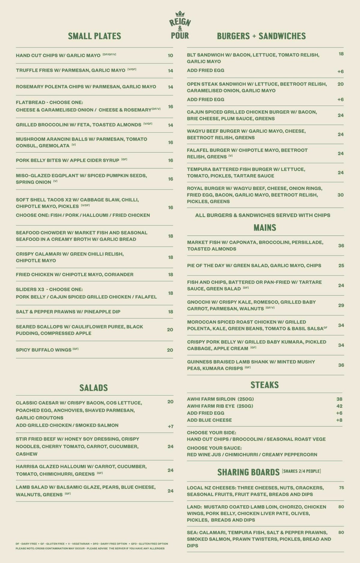 Reign & Pour Restaurant and Bar Auckland - Dinner Menu