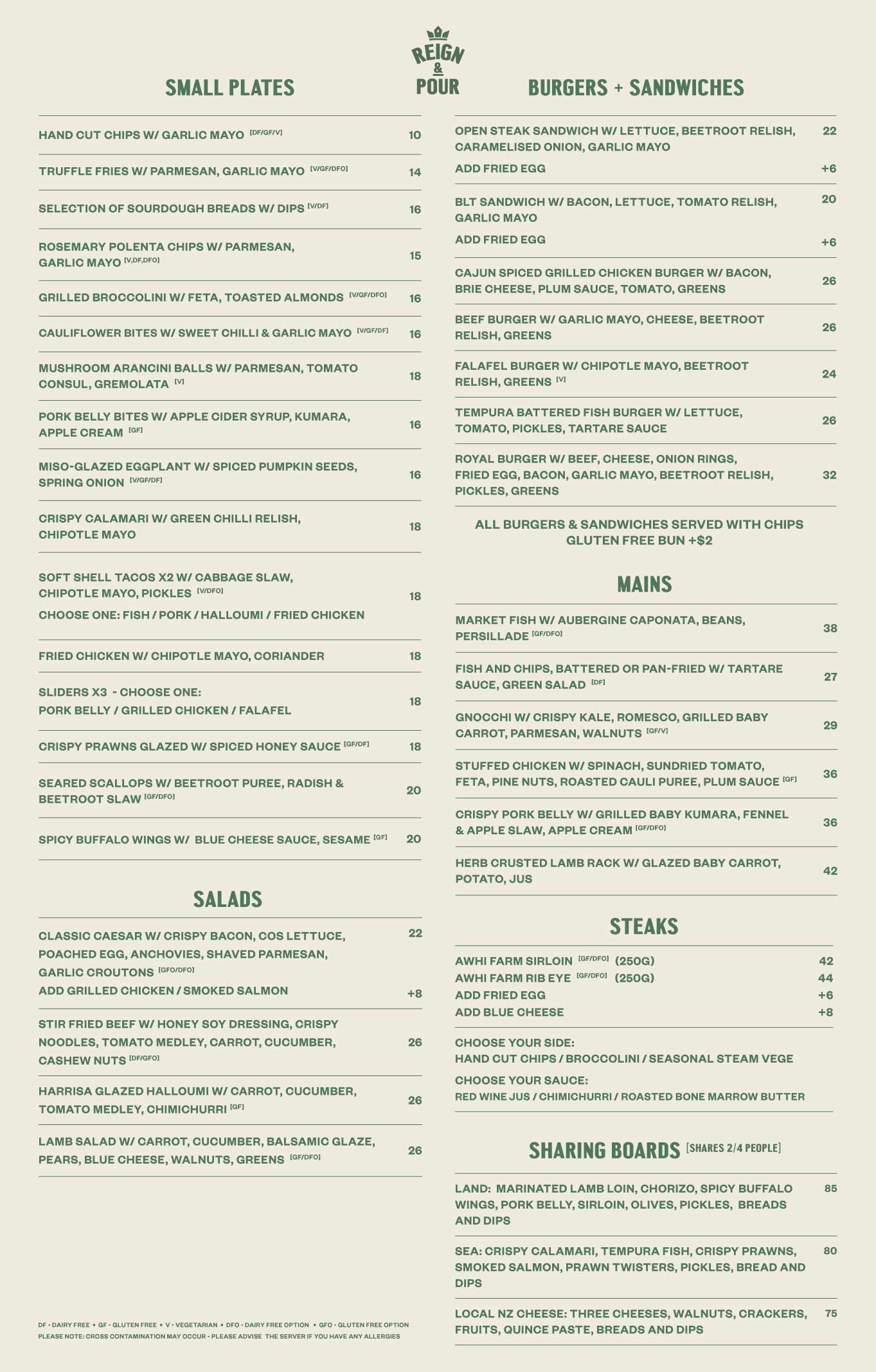 Reign & Pour Restaurant and Bar Auckland - Dinner Menu