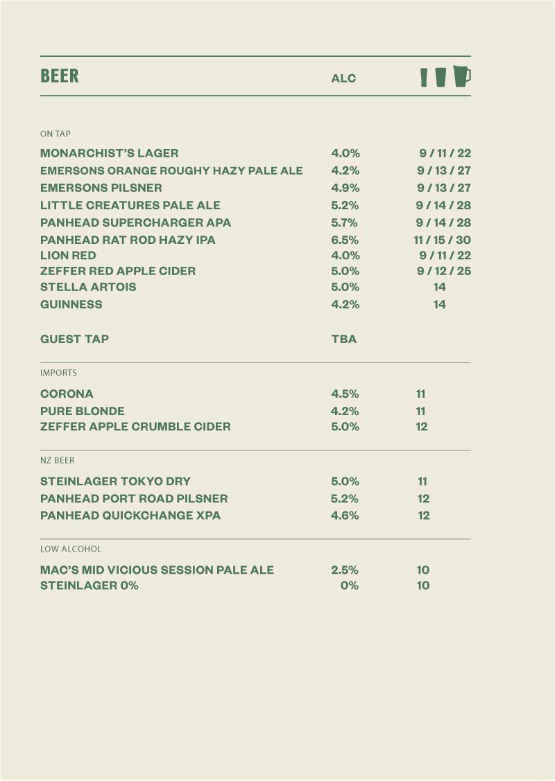 Reign & Pour Restaurant and Bar Auckland - Drinks Menu