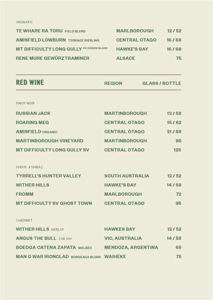 Reign & Pour Restaurant and Bar Auckland - Drinks Menu