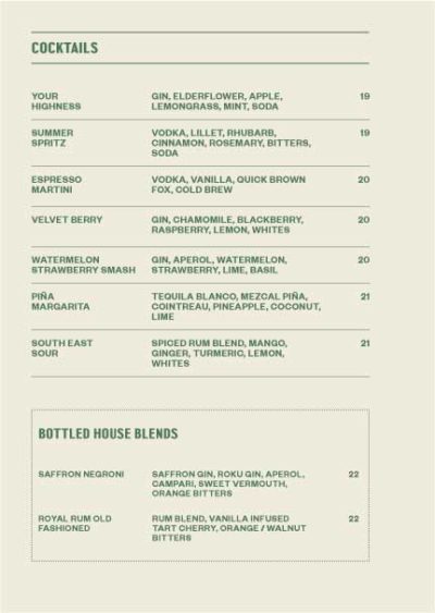Reign & Pour Restaurant and Bar Auckland - Drinks Menu
