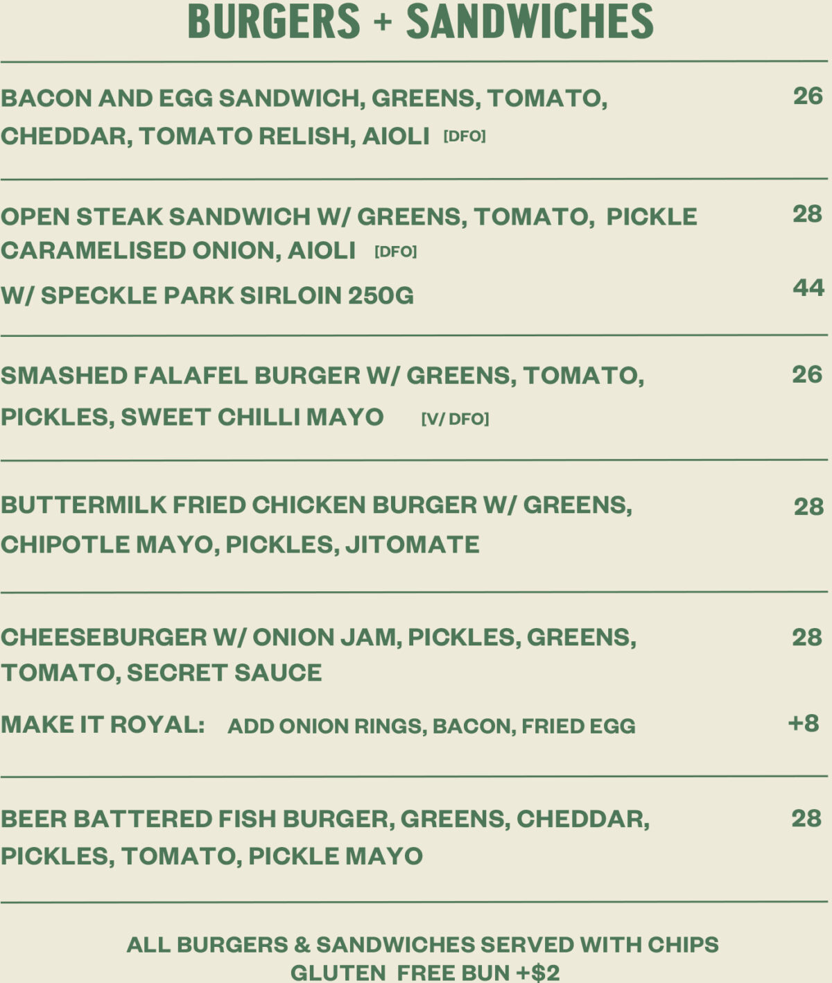 Reign & Pour Restaurant and Bar Auckland - Dinner Menu