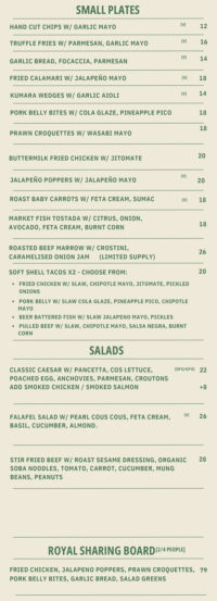 Reign & Pour Restaurant and Bar Auckland - Dinner Menu