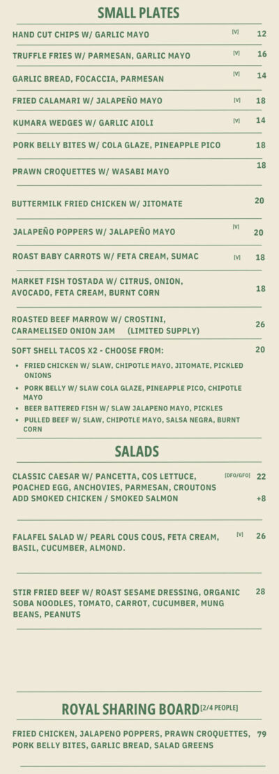 Reign & Pour Restaurant and Bar Auckland - Dinner Menu